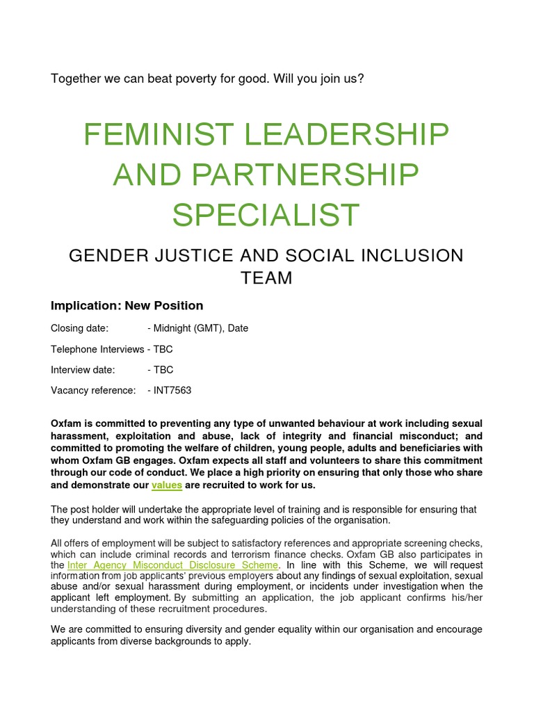 Job Profile - Feminist Leadership and Partnership Specialist | PDF ...