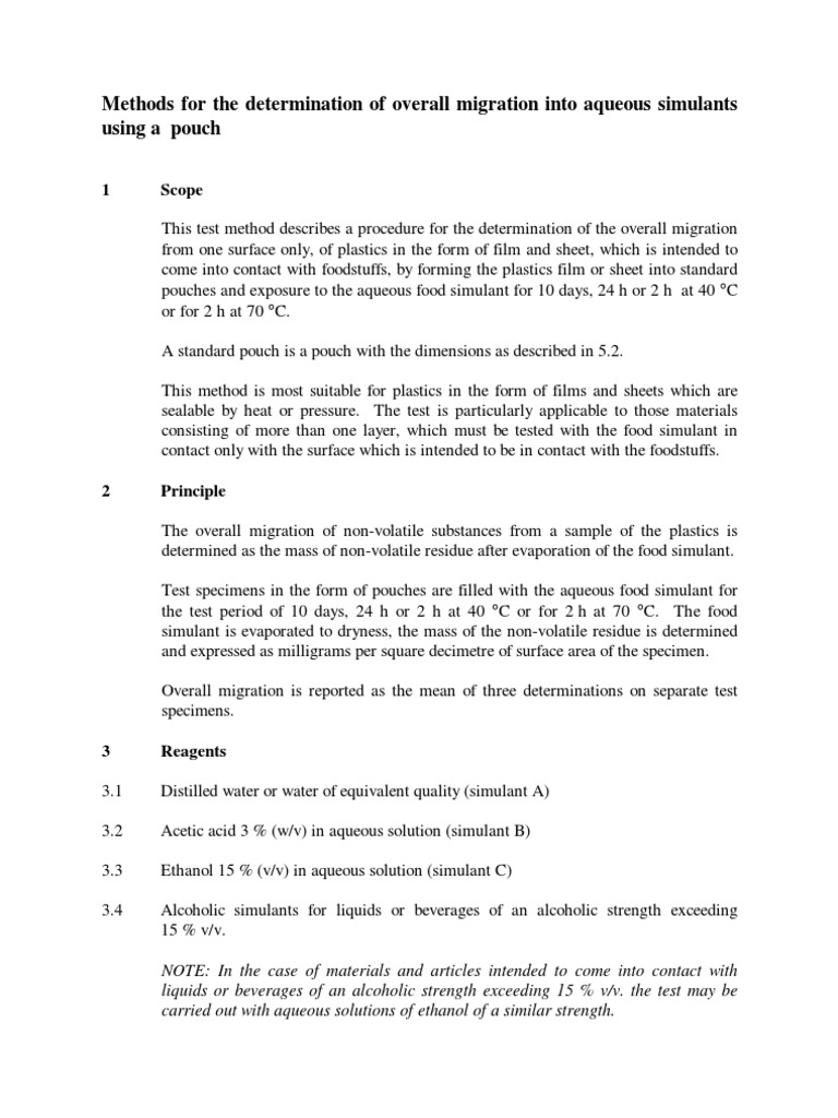 Methods For The Determination of Overall Migration Into Aqueous ...