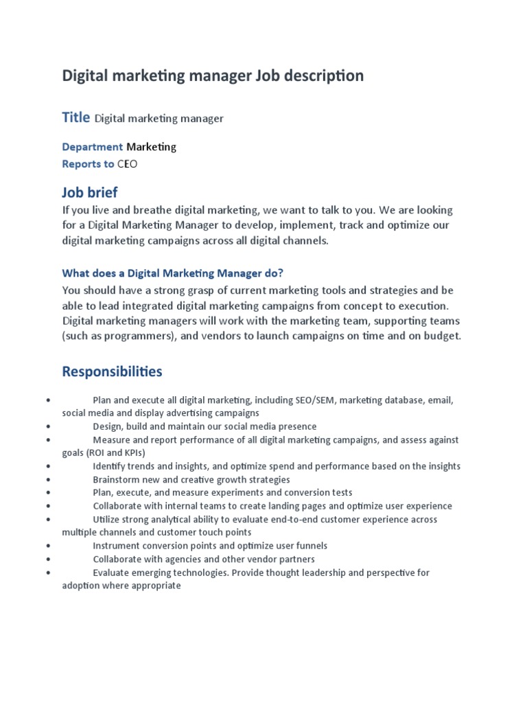 Digital Marketing Manager Job Description | PDF | Digital Marketing ...