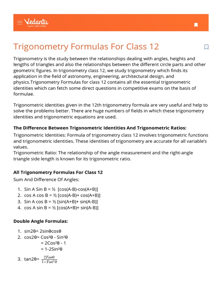 Class 12 Trigonometry Formulas Guide | PDF | Trigonometry ...