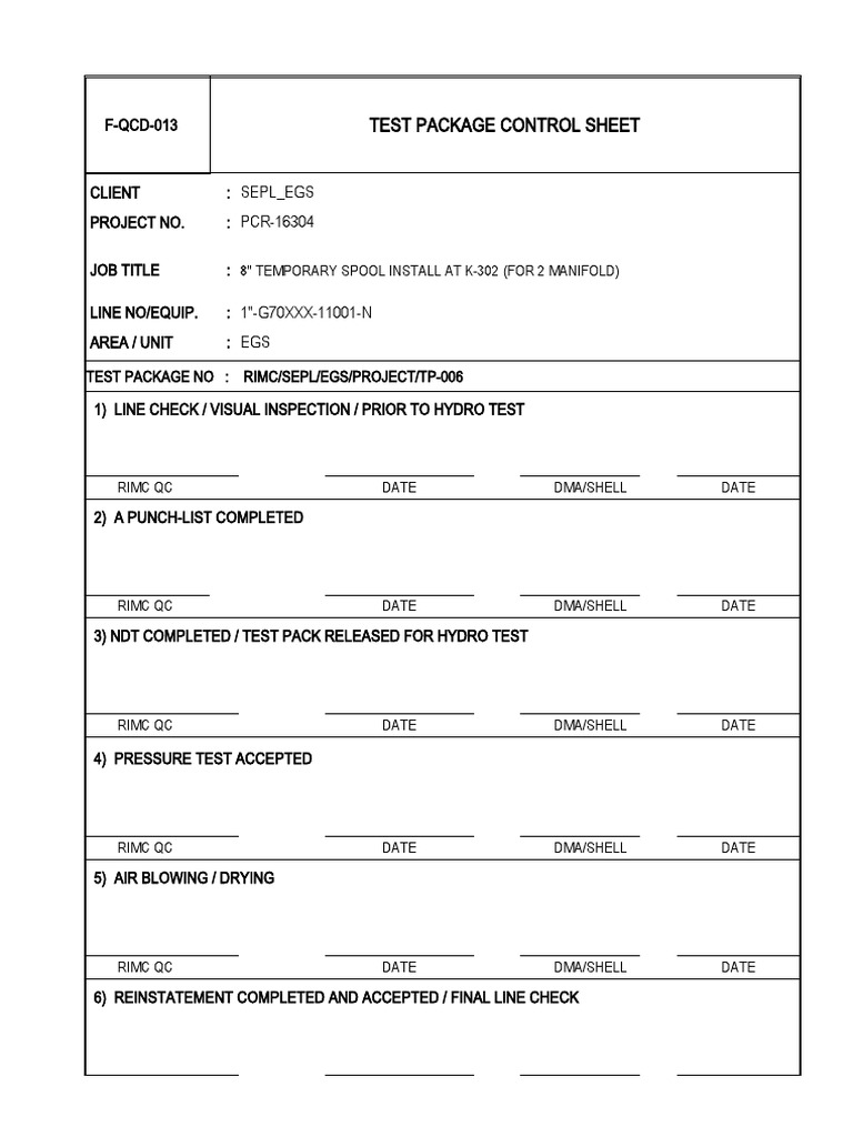3.1 Test Package Control Sheet | PDF