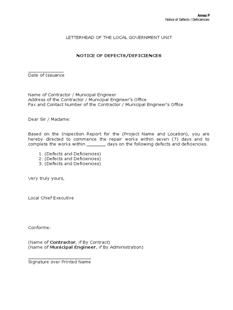 Notice of Defects or Deficiencies | PDF
