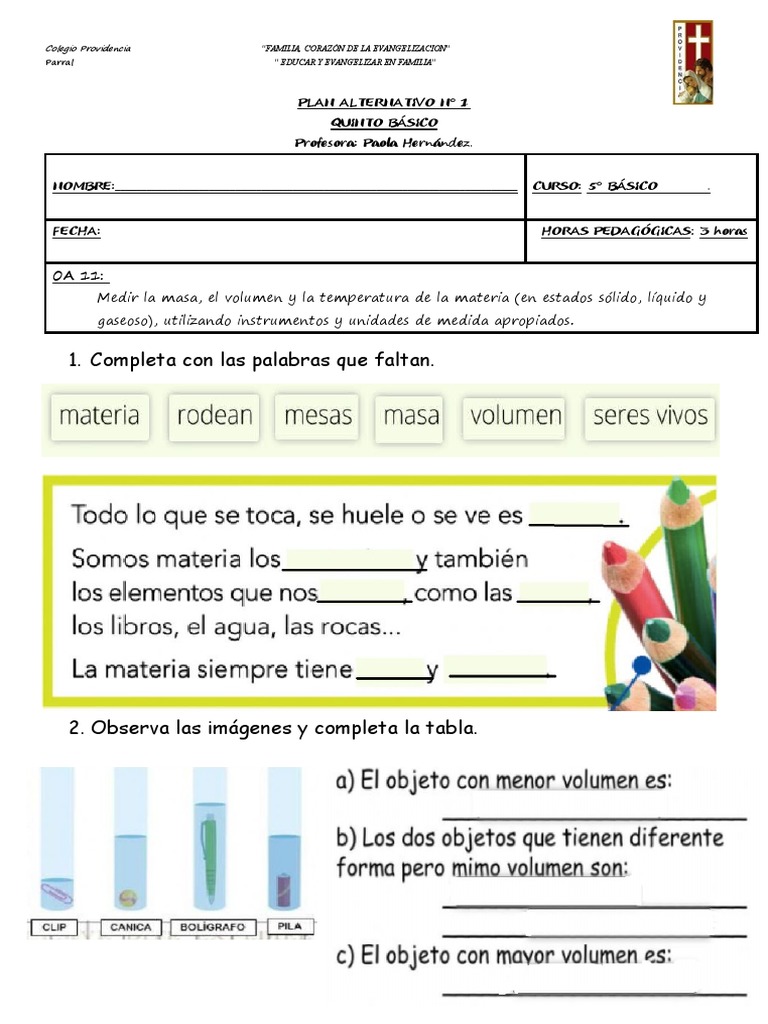 Hoja De Trabajo De Densidad De Volumen Y Masa De Quinto Grado PROGRAMA