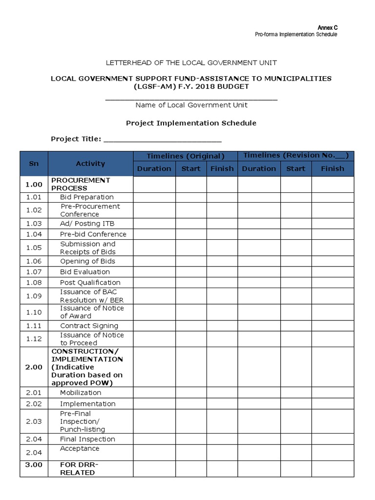 Pro-forma Implementation Schedule | PDF | Business