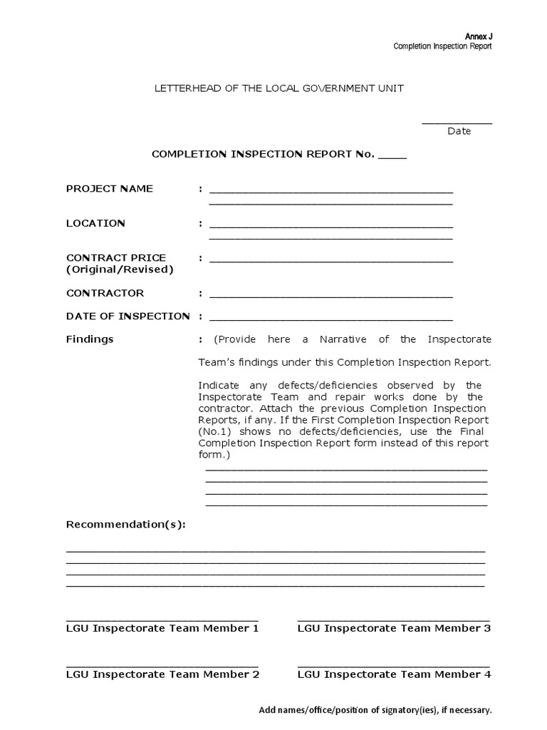 Annex J - Completion Inspection Report | PDF | Business
