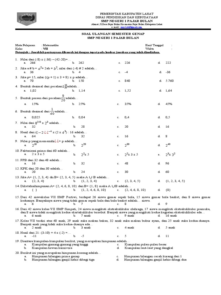 Soal Matematika Kelas 7 | PDF | Metode & Bahan Ajar