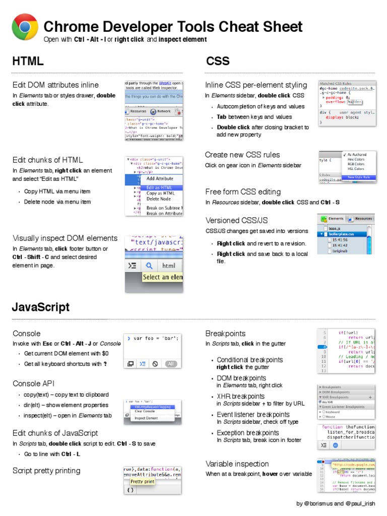 Chrome Developer Tools Cheat Sheet Html Css Pdf Document Object Model Html