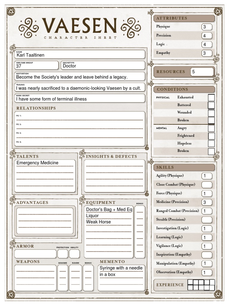 Vaesen Character Sheet Fillable Karl Taaltinen | PDF | Leisure | Wellness