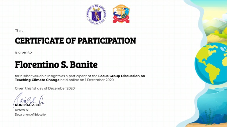 Certificate of Participation - FGD On Teaching Climate Change | PDF