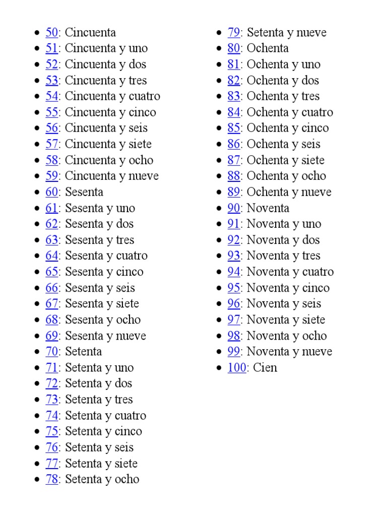 Números del 50 al 100 en letras | PDF | Métodos y materiales de enseñanza