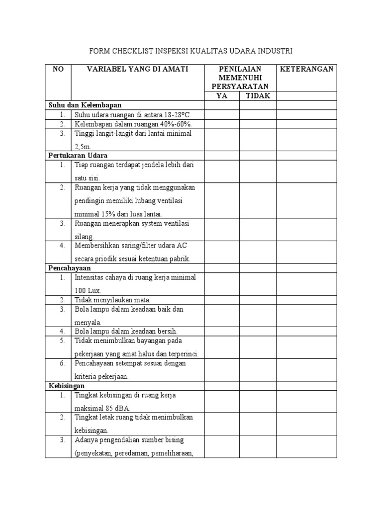 Form Checklist Inspeksi Kualitas Udara Industri | PDF