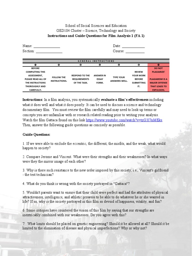 Film Analysis 1 (FA 1) - Gattaca Movie | PDF | Science | Cognition