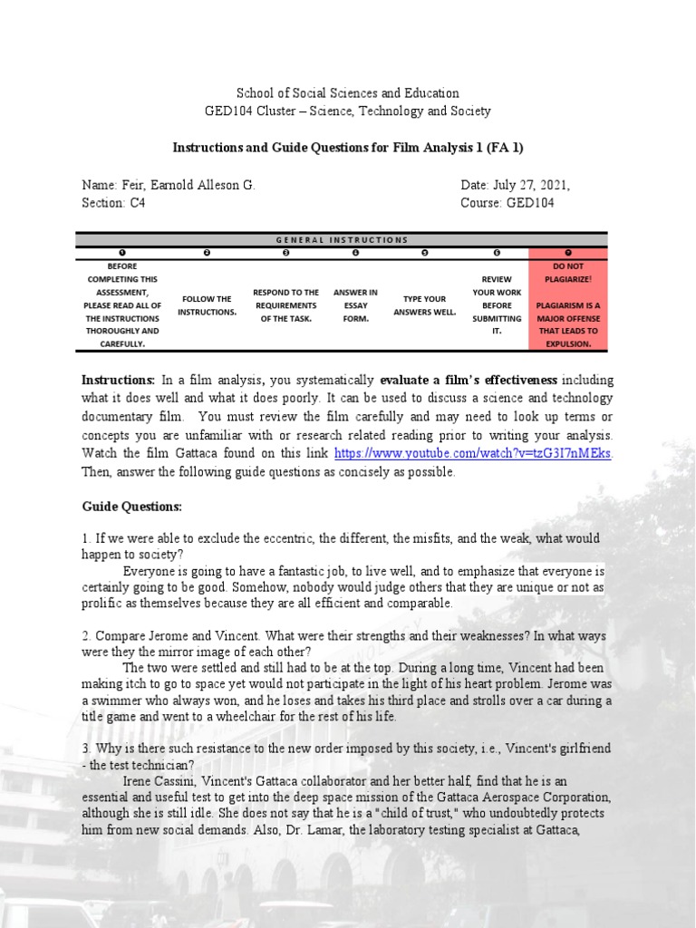 Instructions and Guide Questions For Film Analysis 1 (FA 1) | PDF ...