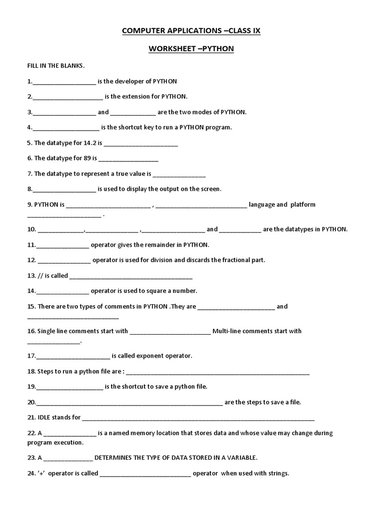 Computer Applications Class Ix Worksheet Python Pdf Data Type Python Programming