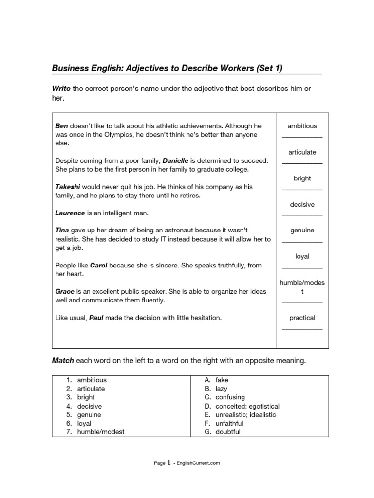Business English: Adjectives To Describe Workers (Set 1) | PDF
