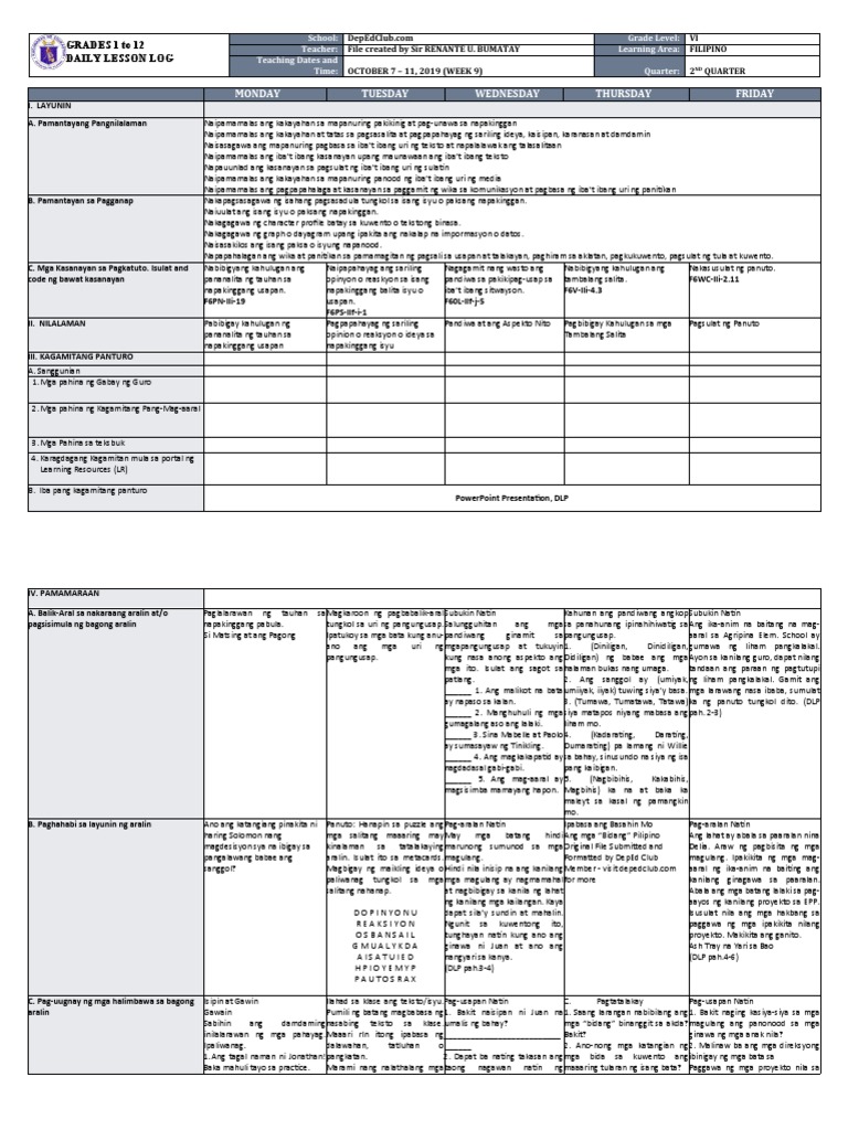 DLL Filipino 6 q2 w9 | PDF