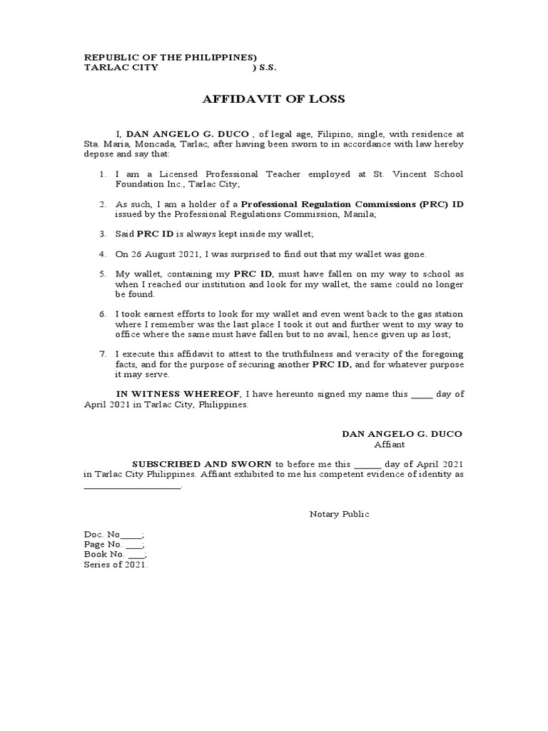 Affidavit of Loss for PRC ID | PDF