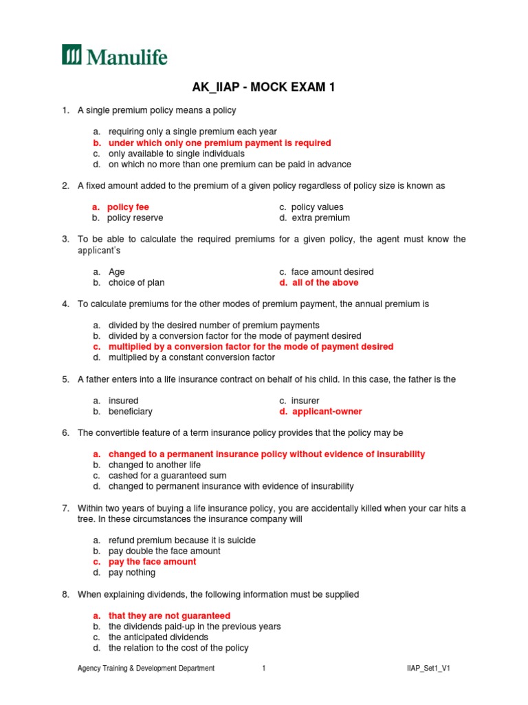 Life Insurance Policy Features Exam | PDF | Life Insurance | Insurance