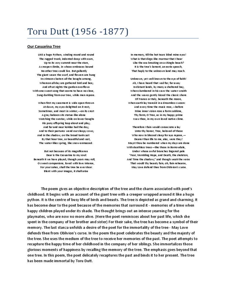 Toru Dutt (1956 - 1877) : Our Casuarina Tree | PDF | Adam And Eve | Adam