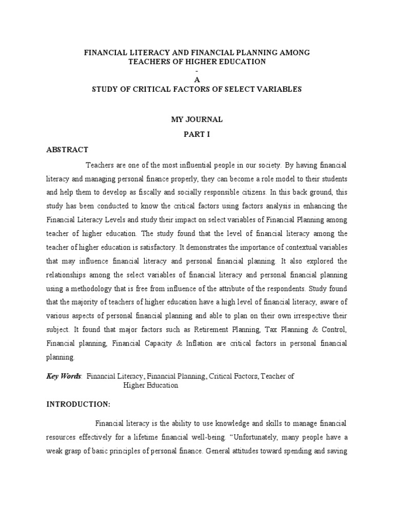 Financial Literacy and Financial Planning Among Teachers of Higher ...