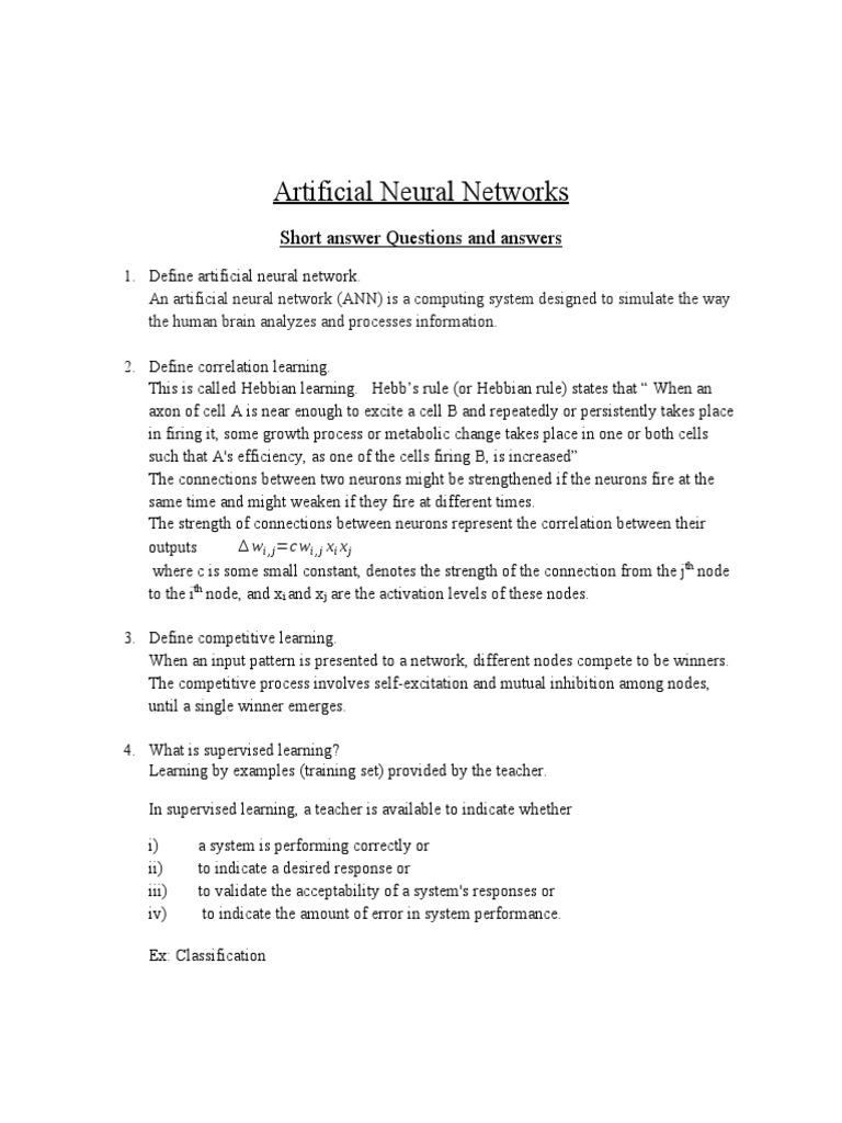 Artificial Neural Networks - Short Answers | PDF | Artificial Neural ...