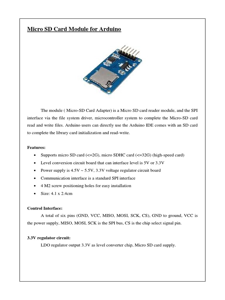 Micro SD Card Module For Arduino: Features | PDF