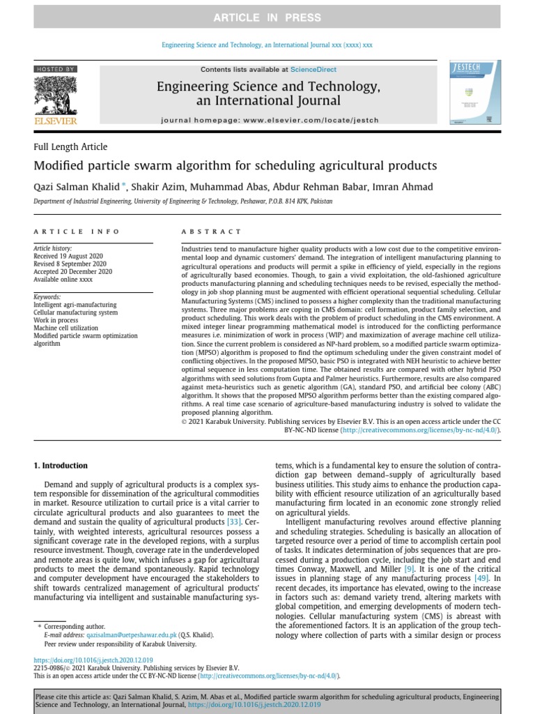 Modified Particle Swarm Algorithm For Scheduling Agricultural Products | PDF | Mathematical ...