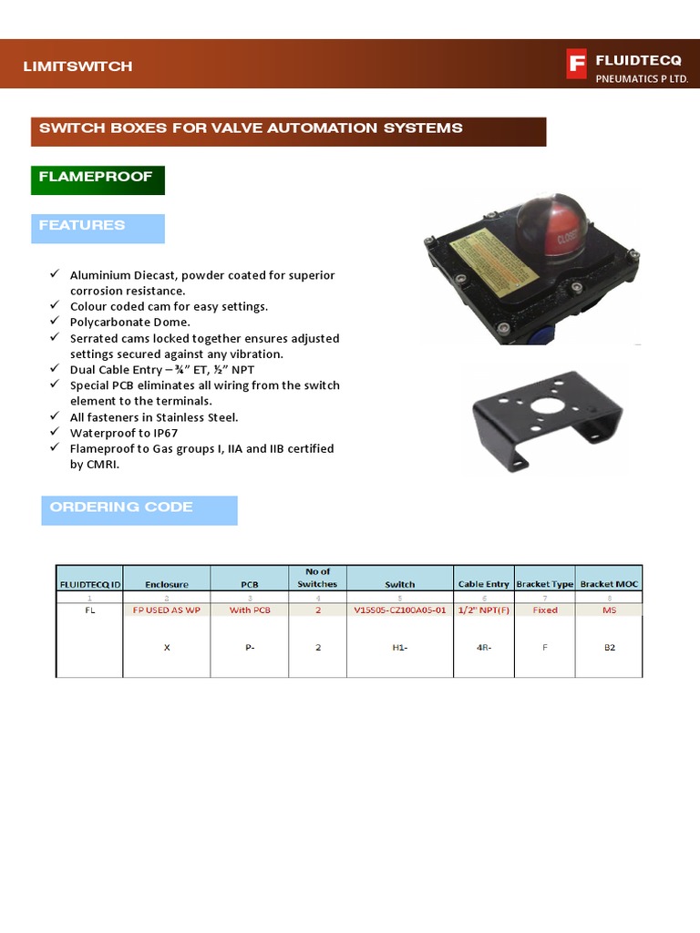 Limitswitch Fluidtecq: Pneumatics P LTD | PDF | Switch | Electrical Wiring