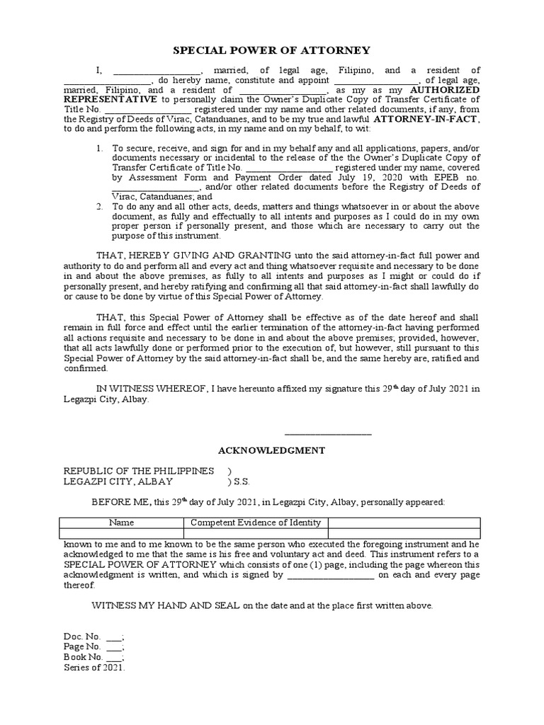 Spa - Claim Title Template | PDF | Power Of Attorney | Civil Law (Legal ...