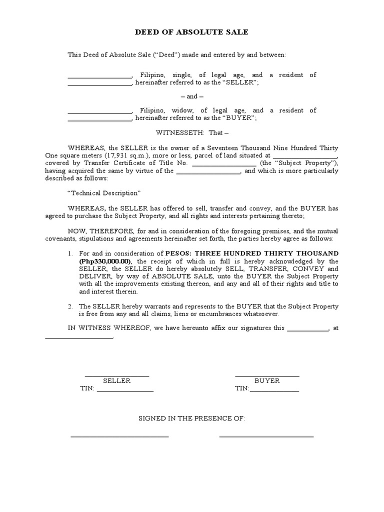 Deed of Sale - Template | PDF | Deed | Real Estate Law