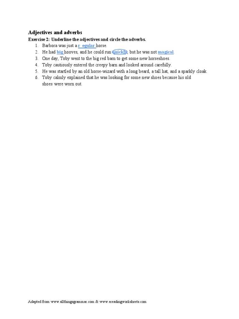 Exercise 2: Underline The Adjectives and Circle The Adverbs | PDF