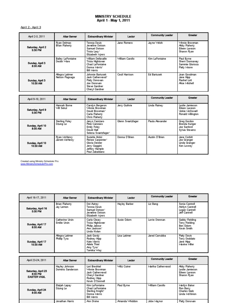 April 2011 Ministry Schedule | PDF