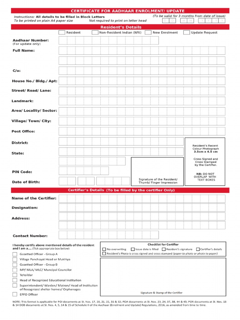 Certificate For Aadhaar Enrolment Update Form | PDF