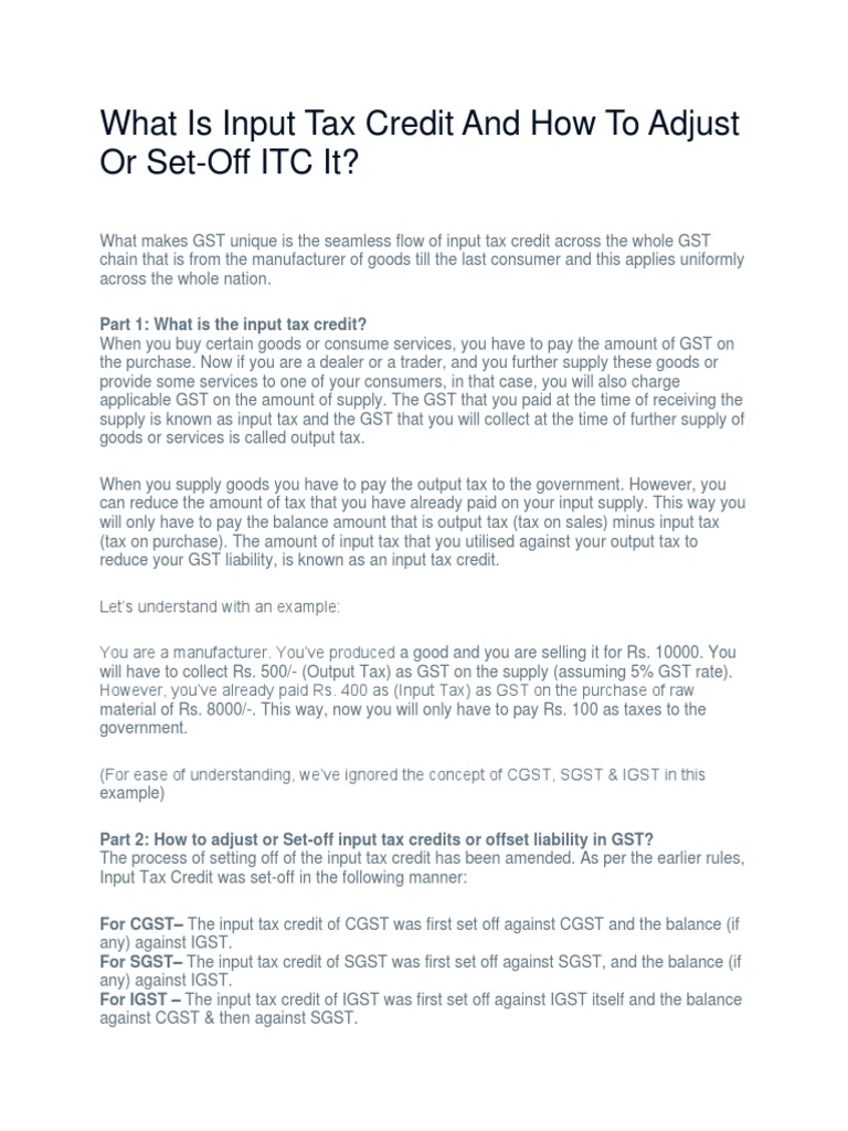 Understanding Input Tax Credit in GST | PDF | Value Added Tax | Tax Credit