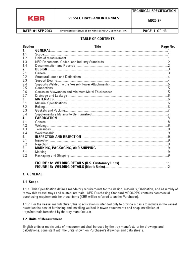 Vessel Trays and Internals Specification | PDF | Screw | Specification ...