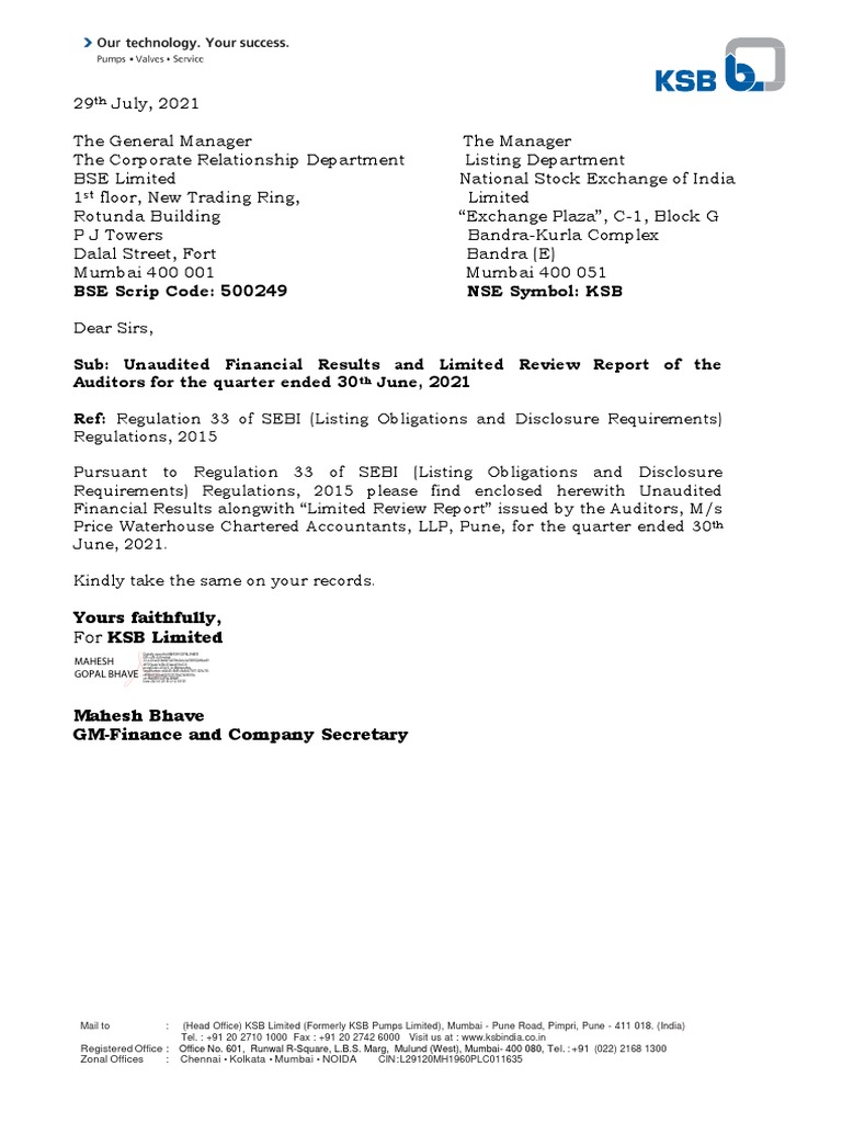 Bse Scrip Code: 500249 Nse Symbol: KSB | PDF | Equity (Finance) | Tax ...