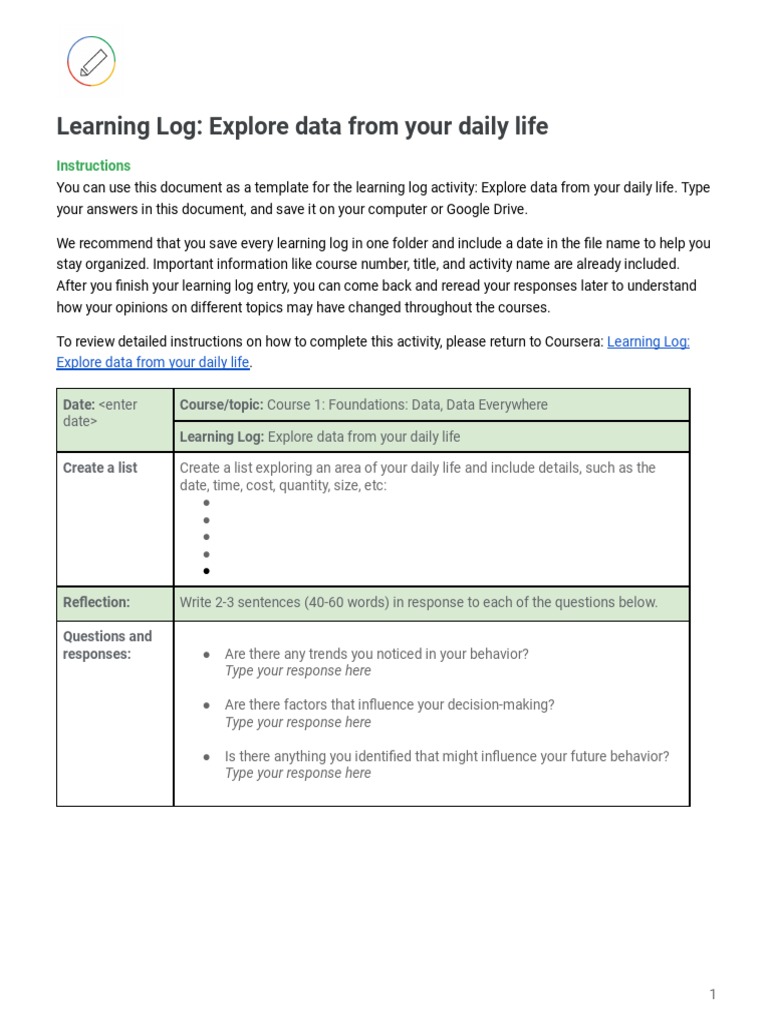 Learning Log Template - Explore Data From Your Daily Life | PDF