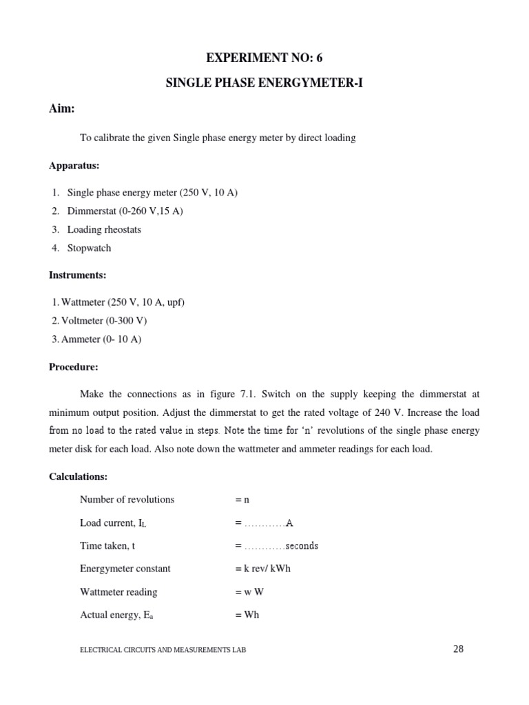 Experiment No: 6 Single Phase Energymeter-I Aim:: Apparatus | PDF