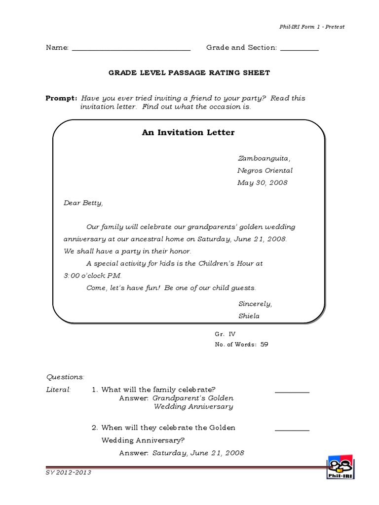 Grade 4 Invitation Letter Example | PDF