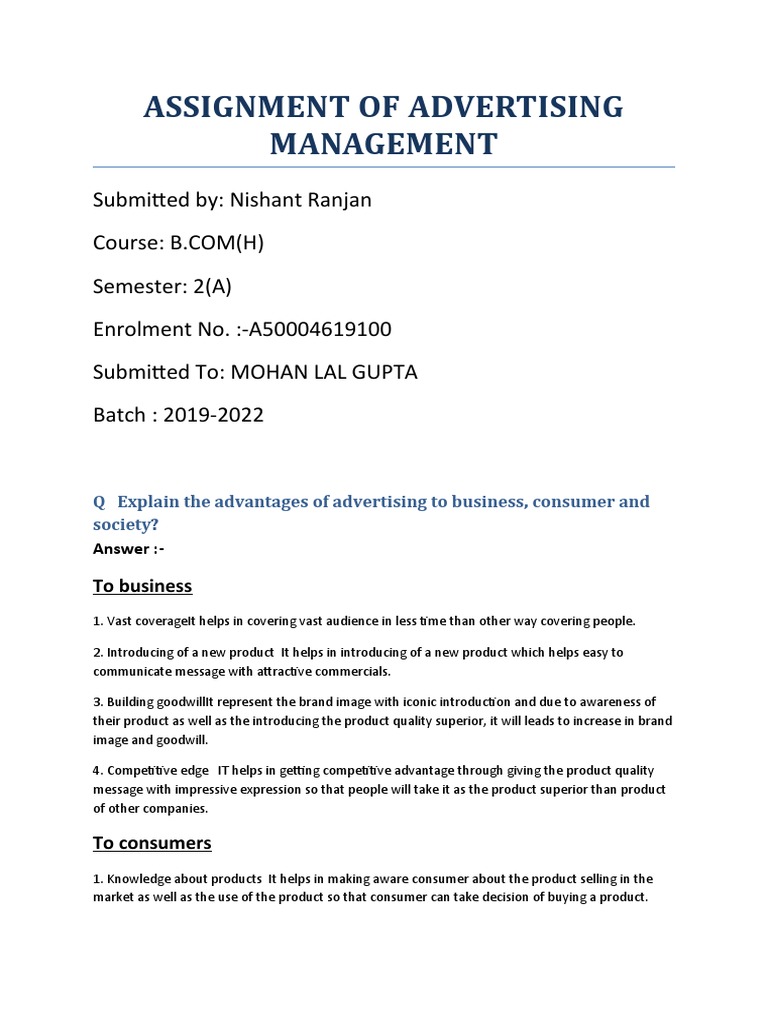 Assignment of Advertising Management | PDF | Advertising | Sales
