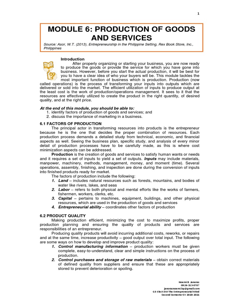 MODULE 6 Production of Goods and Services | PDF | Factors Of Production ...