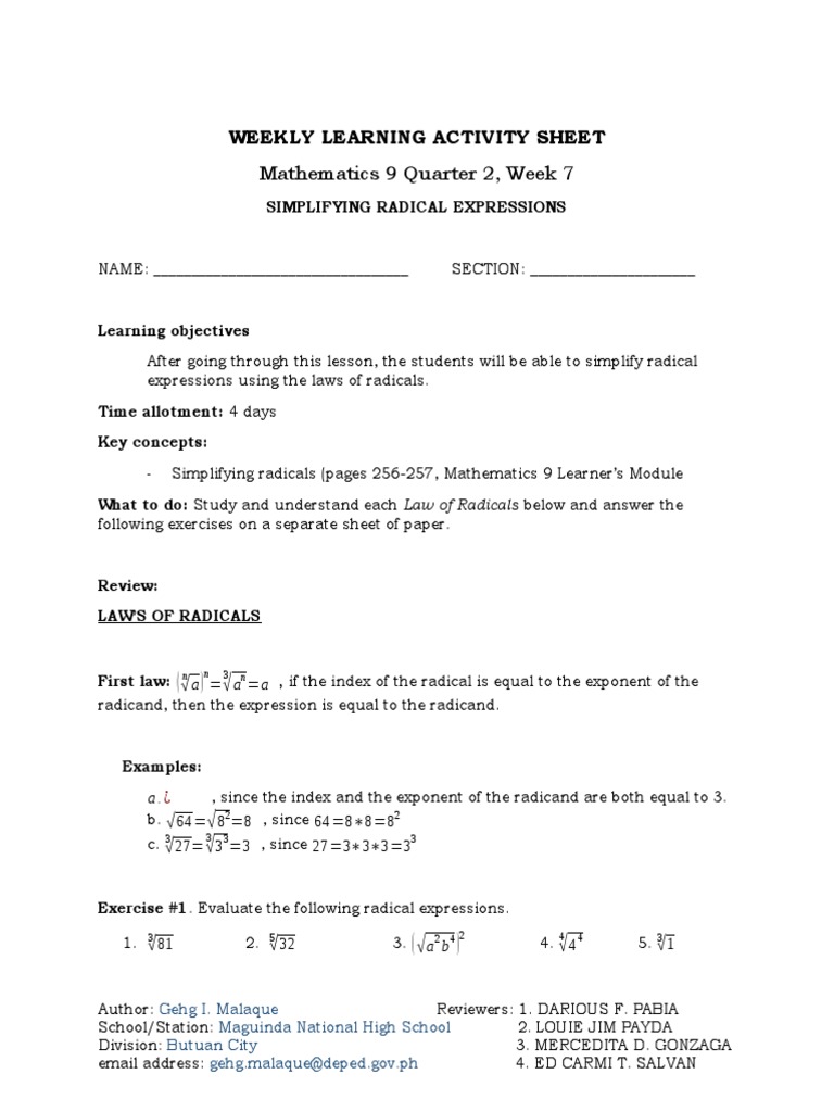 Mathematics 9 Quarter 2, Week 7: Weekly Learning Activity Sheet | PDF ...