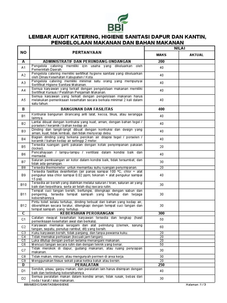 Form Audit Kantin | PDF