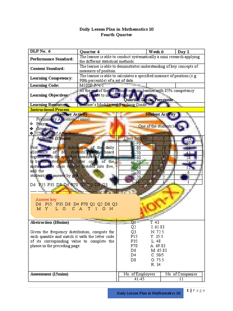 Lesson Plan in Grade 10 Mathematics - Week 6 | PDF | Percentile ...