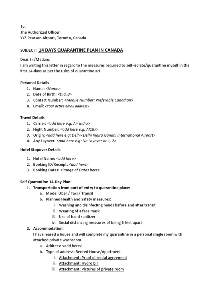 Canada 14-Day Quarantine Plan Sample | PDF | Quarantine | Hygiene