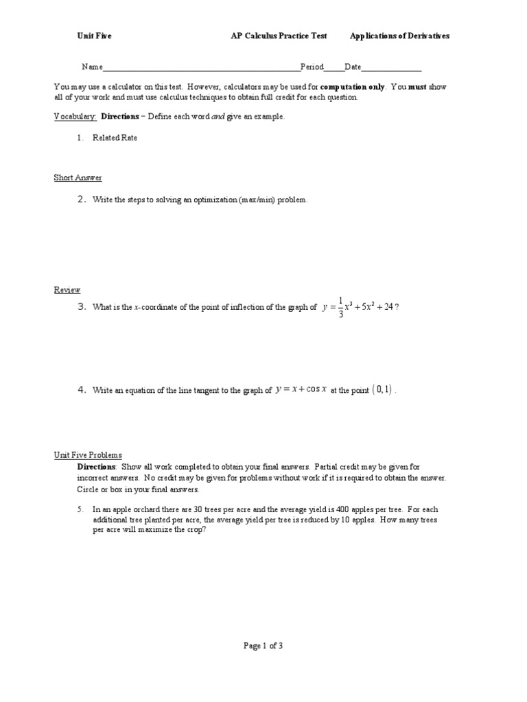 Unit Five AP Calculus Practice Test Applications of Derivatives | PDF ...
