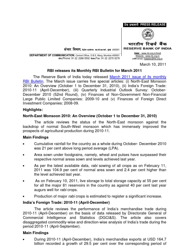 Rbi Monthly Bulletin March 2011 | PDF | Foreign Direct Investment ...
