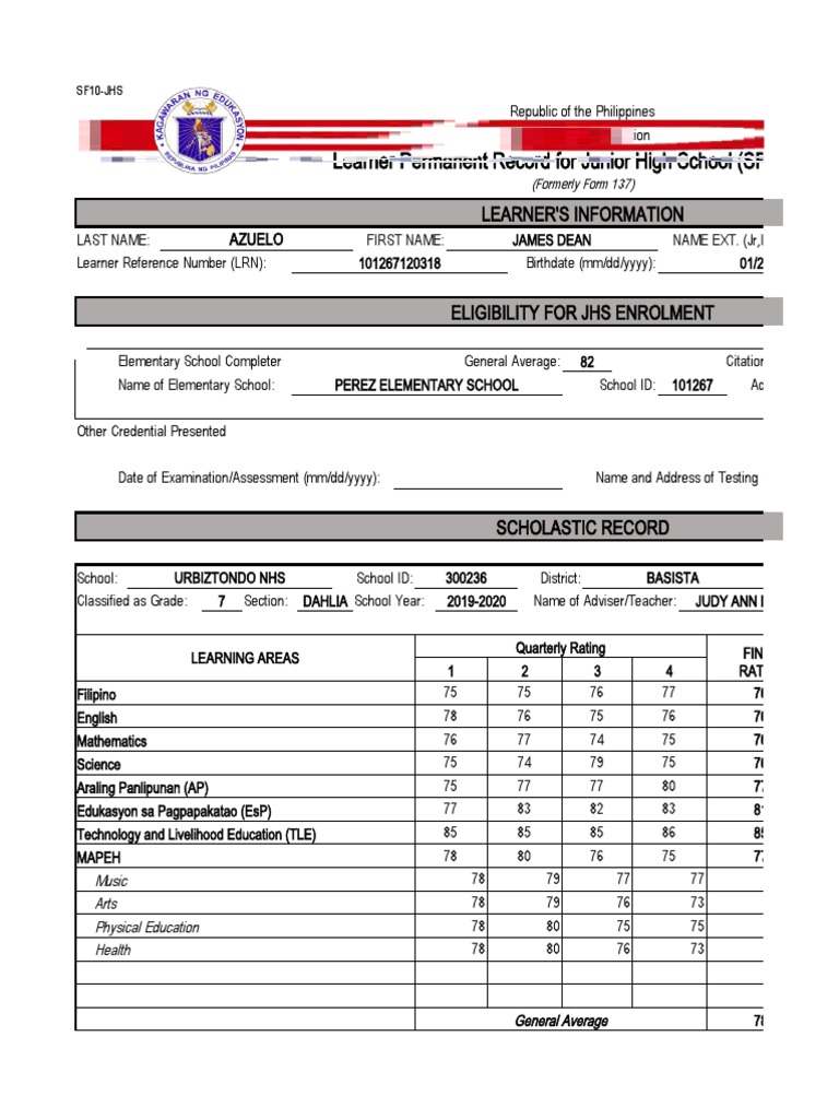 Learner Permanent Record For Junior High School (SF10-JHS) | PDF ...
