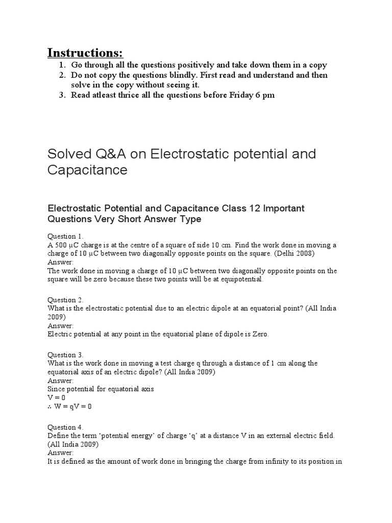 Electrostattic Potential and Capacitance Notes For Class 12 | PDF ...