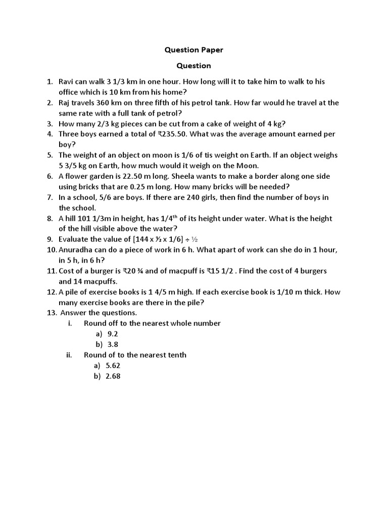 Class 7 Fraction Question Paper | PDF | Language Arts & Discipline